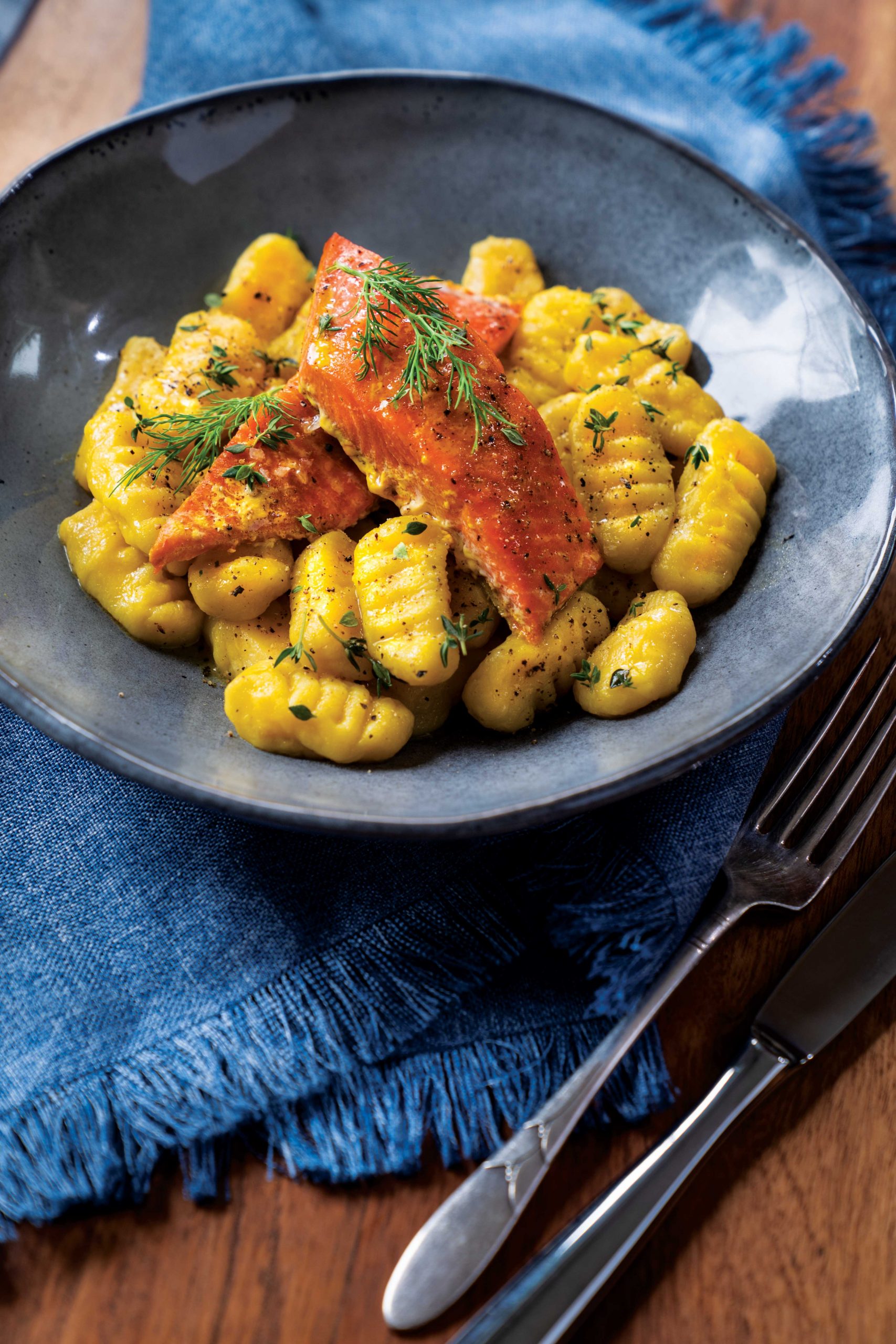 Rutabaga Gnocchi with Saffron Lemon Salmon - Delicious Living
